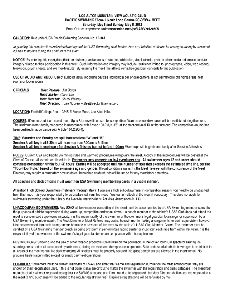 Fillable Online Los Altos Mountain View Aquatic Club / Pacific Swimming ...