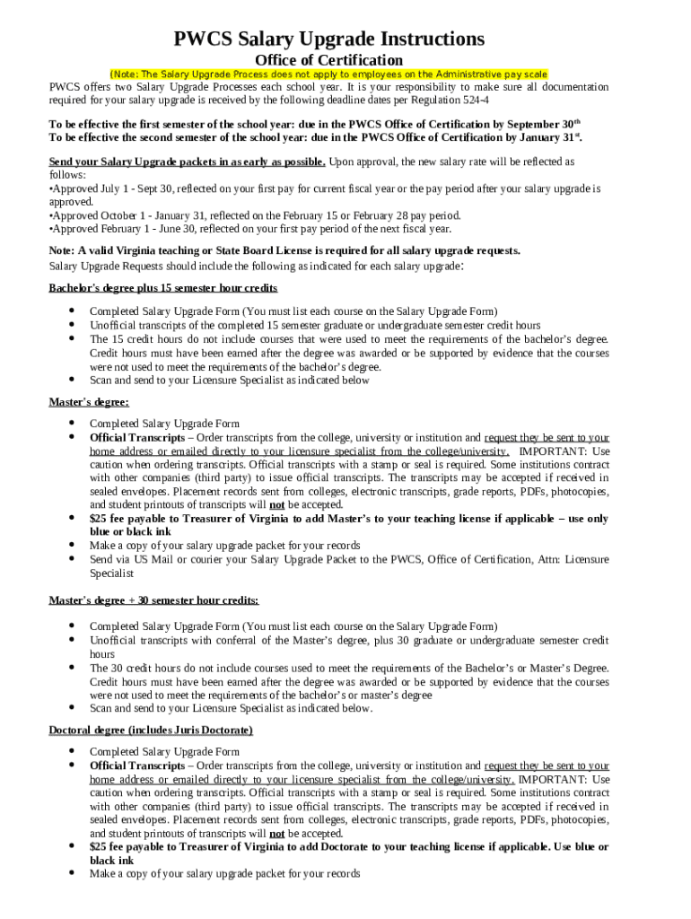 Pwcs Salary Upgrade Request Doc Template | pdfFiller