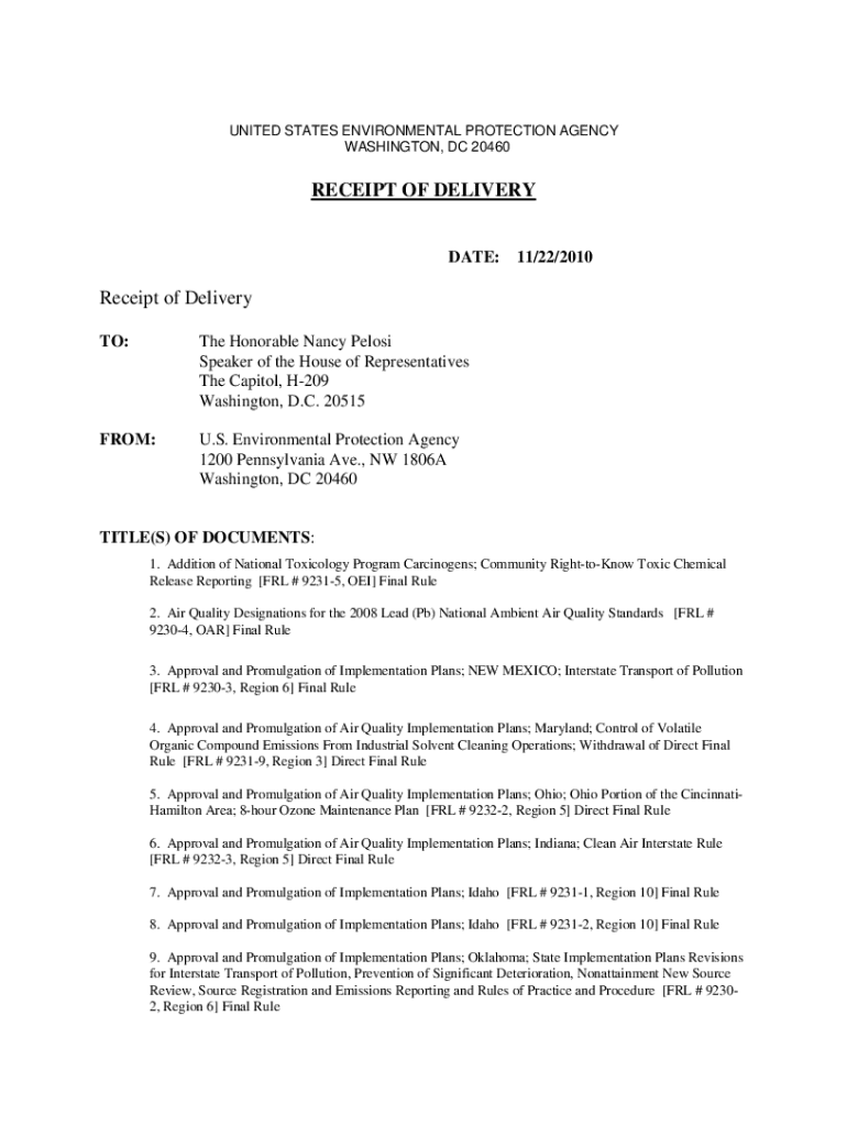 Fillable Online Receipt of Delivery From U.s. Environmental Protection ...