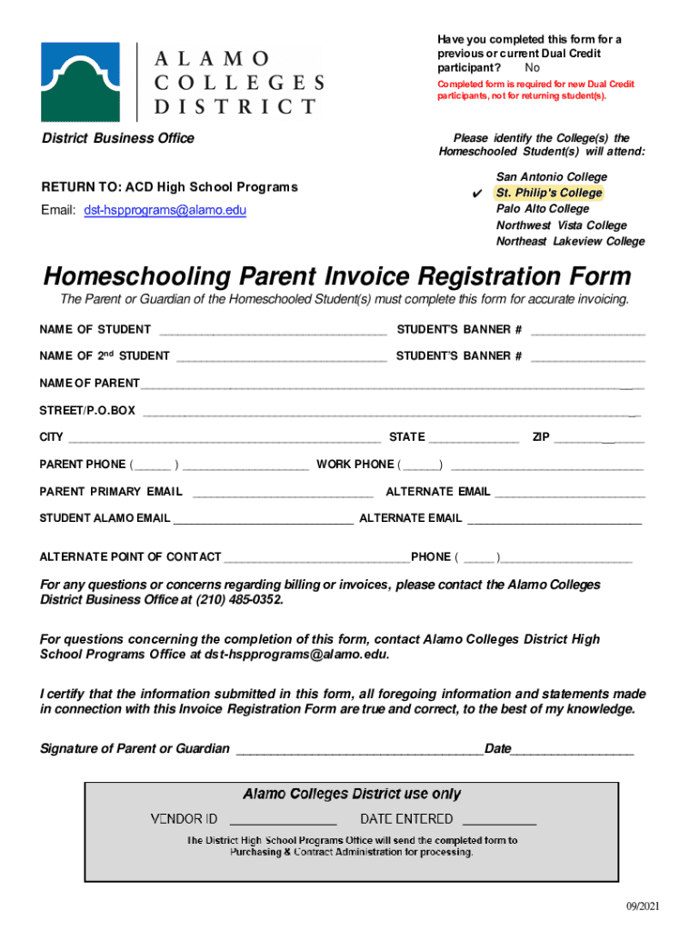 Fillable Online Homeschooling Parent Invoice Registration Form Fax ...