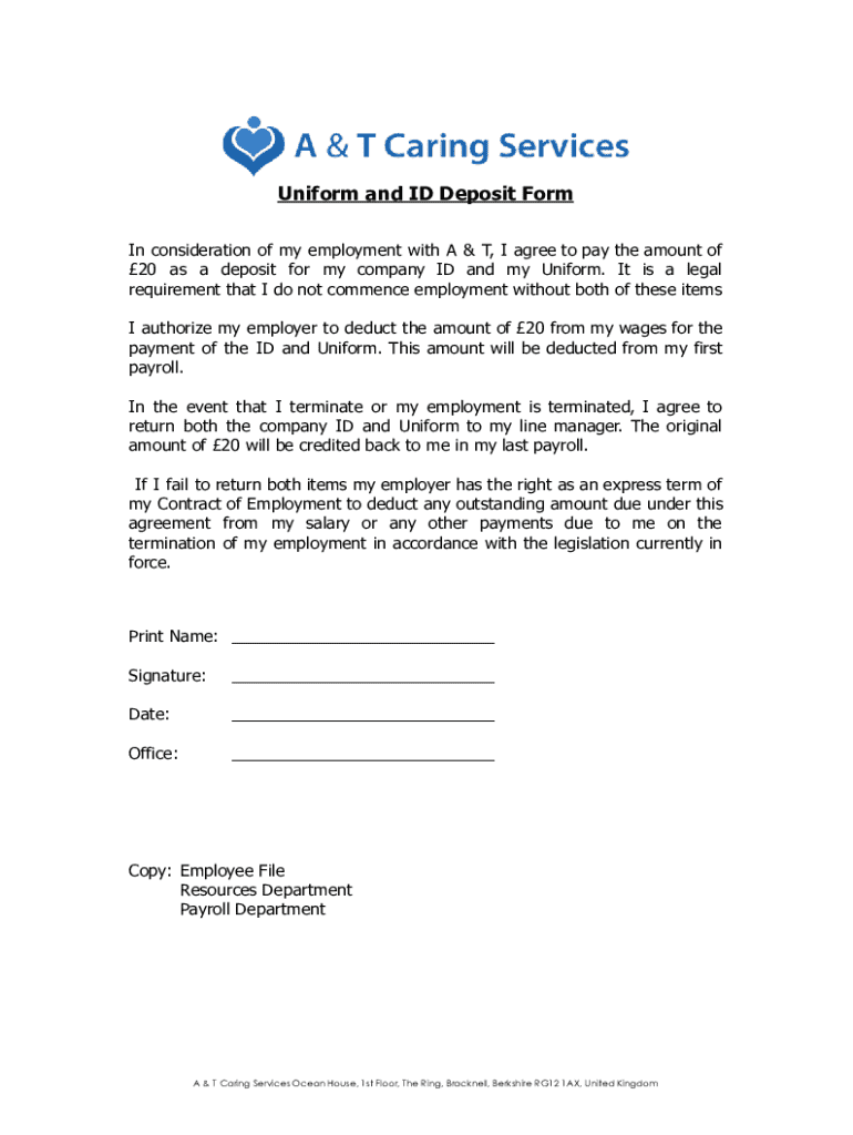 Fillable Online Uniform and Id Deposit Agreement Fax Email Print - pdfFiller