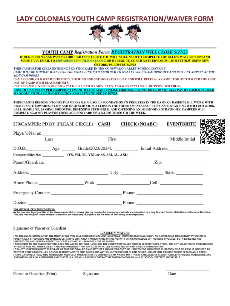 Fillable Online Youth Camp Registration and Waiver Fax Email Print ...
