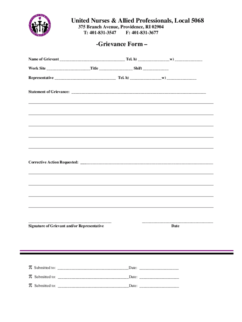 Fillable Online United Nurses & Allied Professionals Grievance Form Fax ...