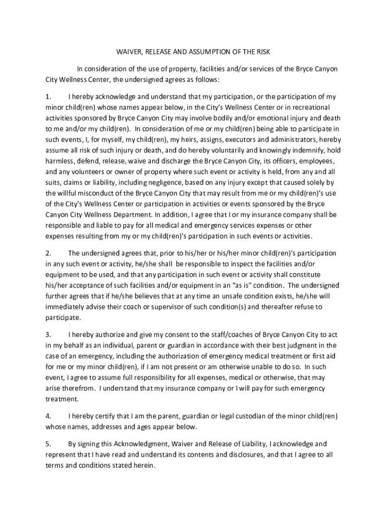 Fillable Online Waiver, Release and Assumption of the Risk Fax Email ...