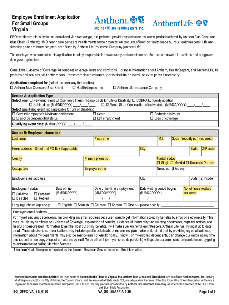 Fillable Online Employee Enrollment Application for Small Groups Fax ...