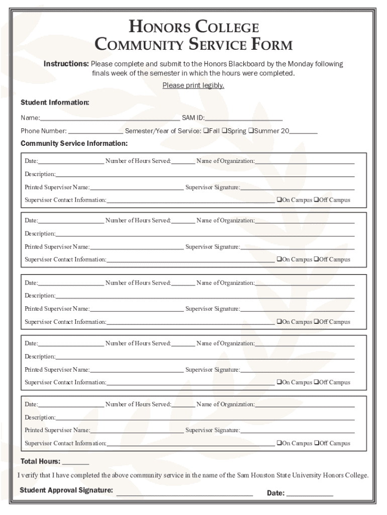 Fillable Online Honors College Community Service Form Fax Email Print ...