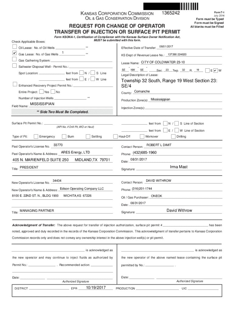 Fillable Online Request for Change of Operator Transfer of Injection or ...
