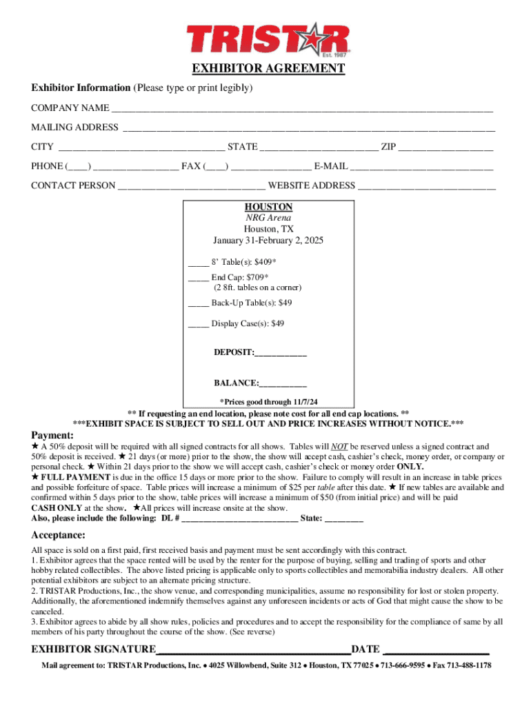 Fillable Online Exhibitor Agreement for Sports Collectibles Show Fax ...