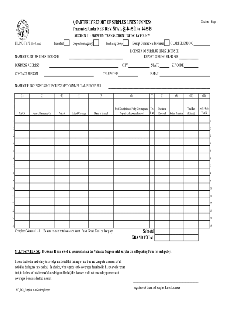 Fillable Online Quarterly Report of Surplus Lines Business Fax Email Print - pdfFiller
