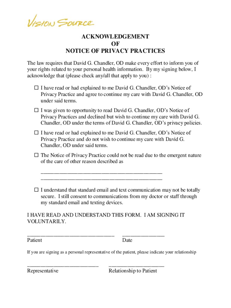 Fillable Online Acknowledgement of Notice of Privacy Practices Fax ...