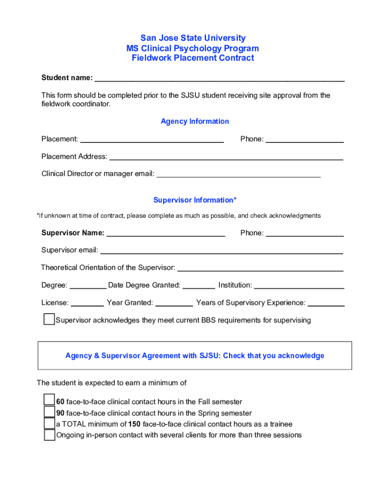 Fillable Online Ms Clinical Psychology Program Fieldwork Placement Contract Fax Email Print ...