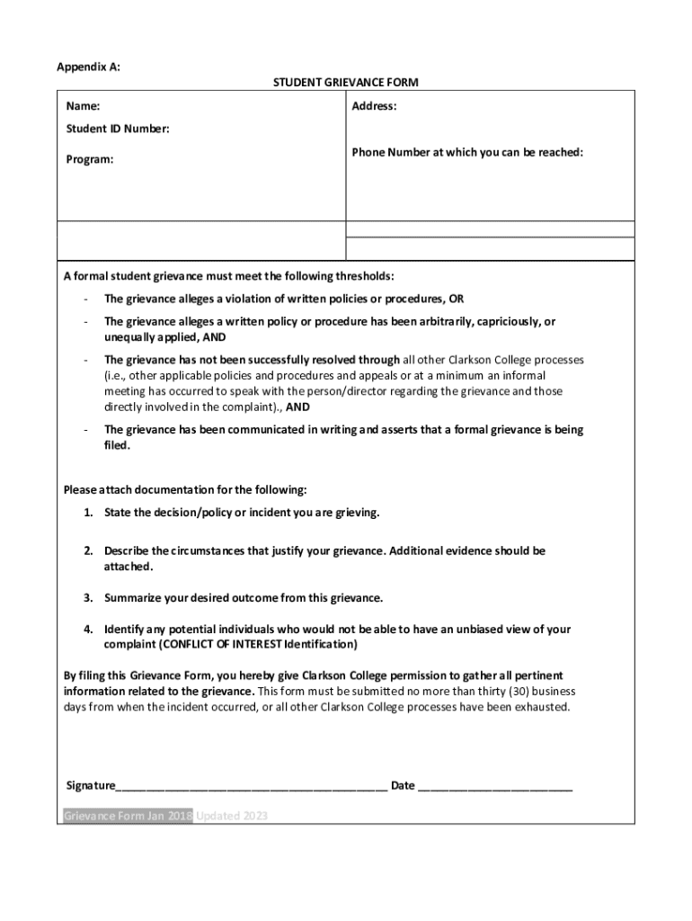 Fillable Online Student Grievance Form Fax Email Print - pdfFiller