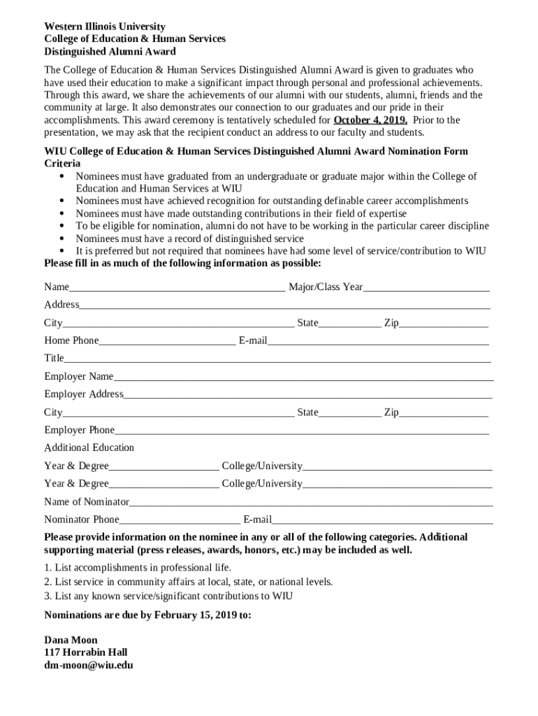 Wiu College of Education & Human Services Distinguished Alumni Award Nomination Doc Template ...