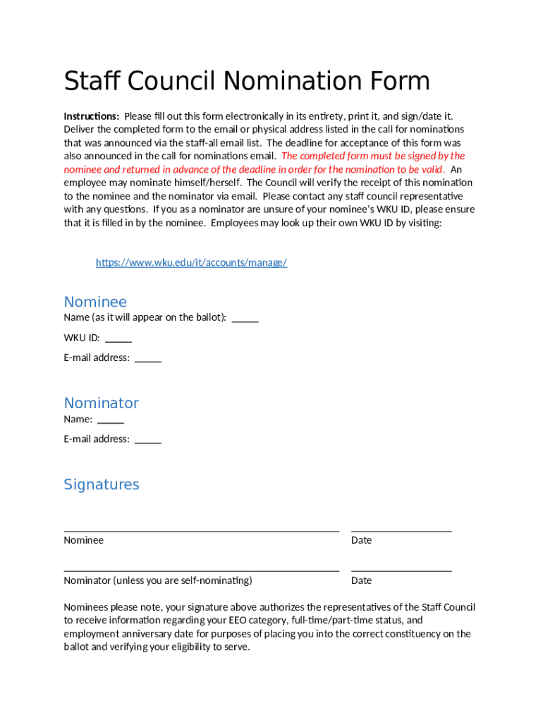 Staff Council Nomination Doc Template | pdfFiller