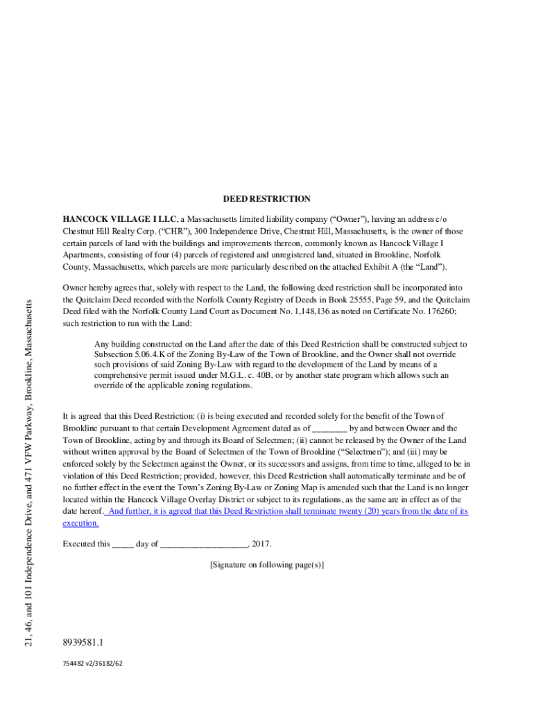 Fillable Online Deed Restriction for Hancock Village I Apartments Fax ...