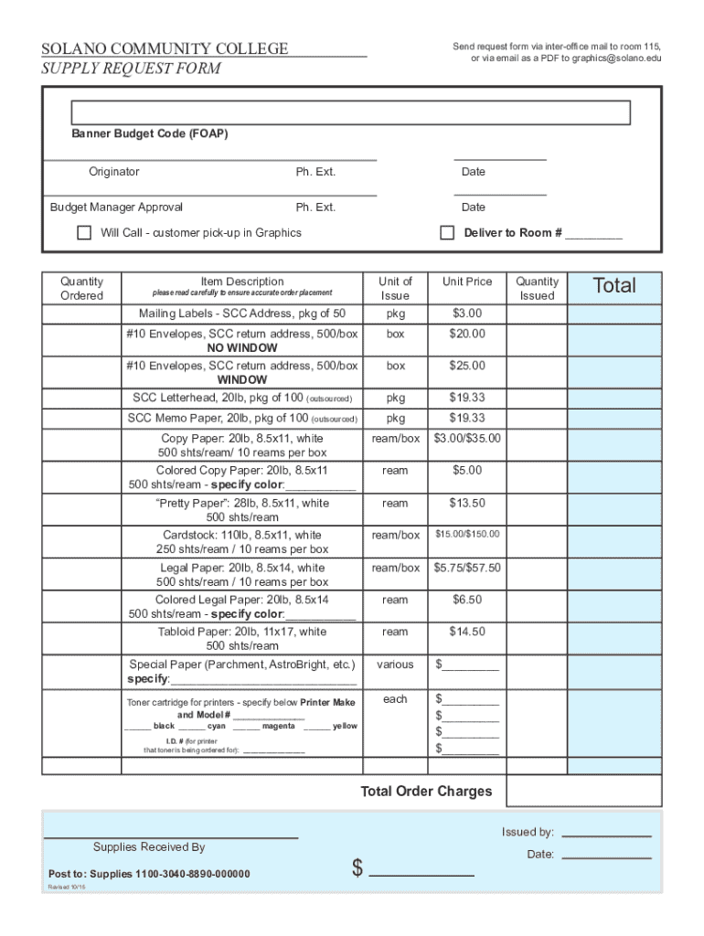 Fillable Online Solano Community College Supply Request Form Fax Email Print - pdfFiller