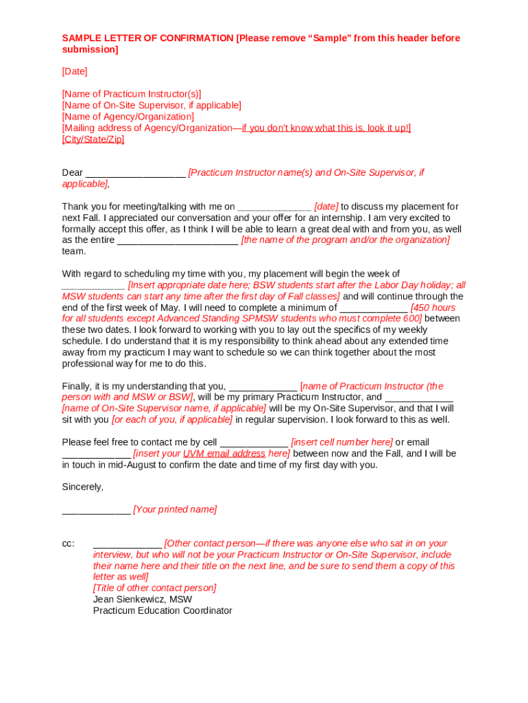 Sample Letter of Confirmation Doc Template | pdfFiller