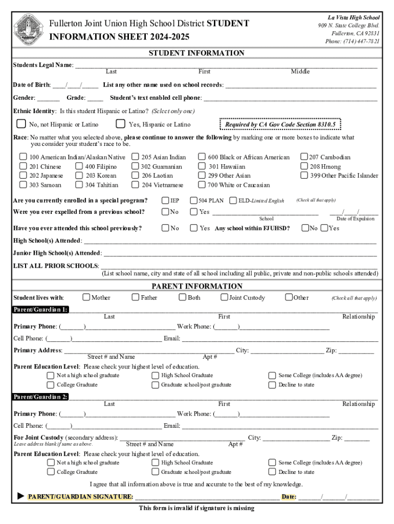 Fillable Online Student Information Sheet 2024-2025 Fax Email Print - pdfFiller