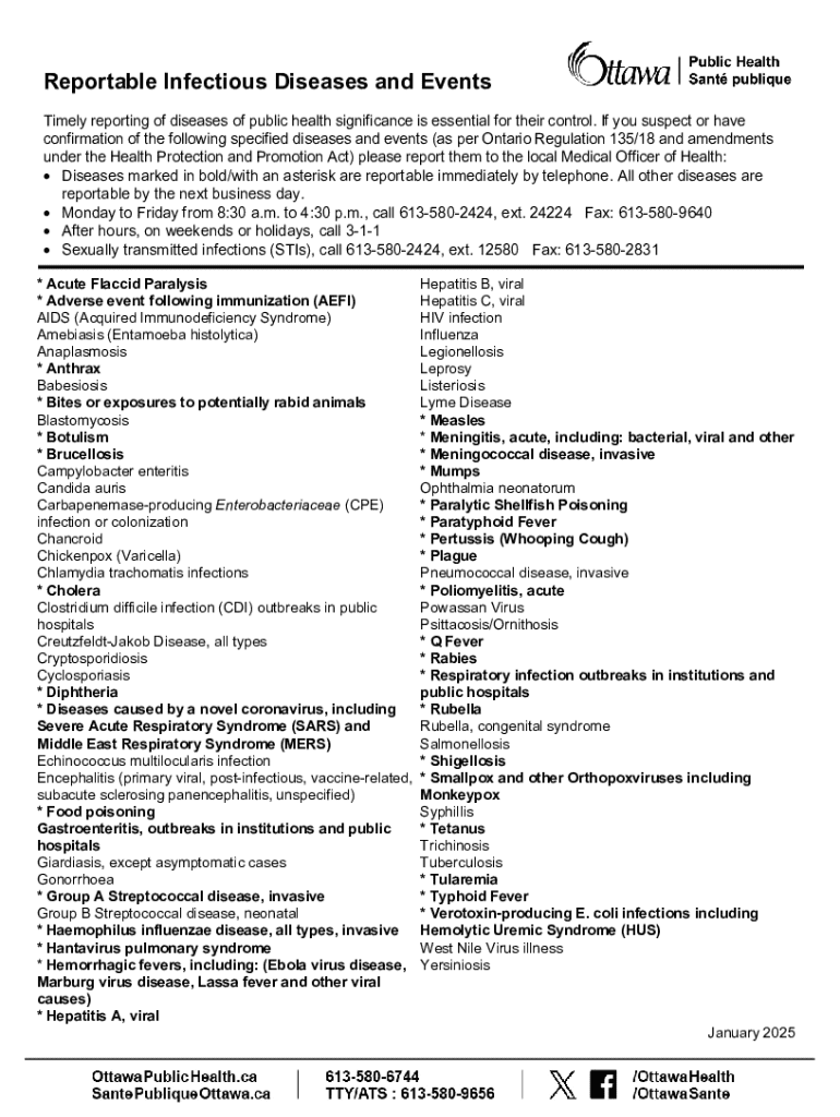 Fillable Online Reportable Infectious Diseases and Events Fax Email ...