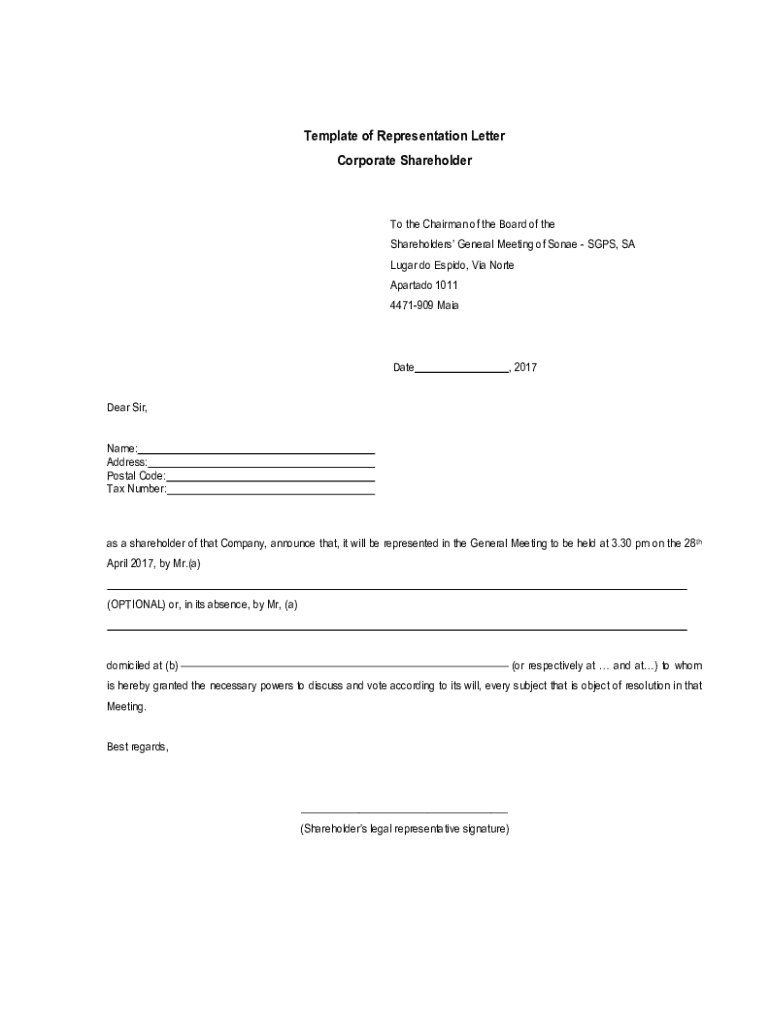 Fillable Online Corporate Shareholder Representation Letter Fax Email ...