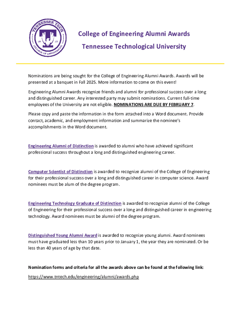 Fillable Online College of Engineering Alumni Awards Fax Email Print - pdfFiller