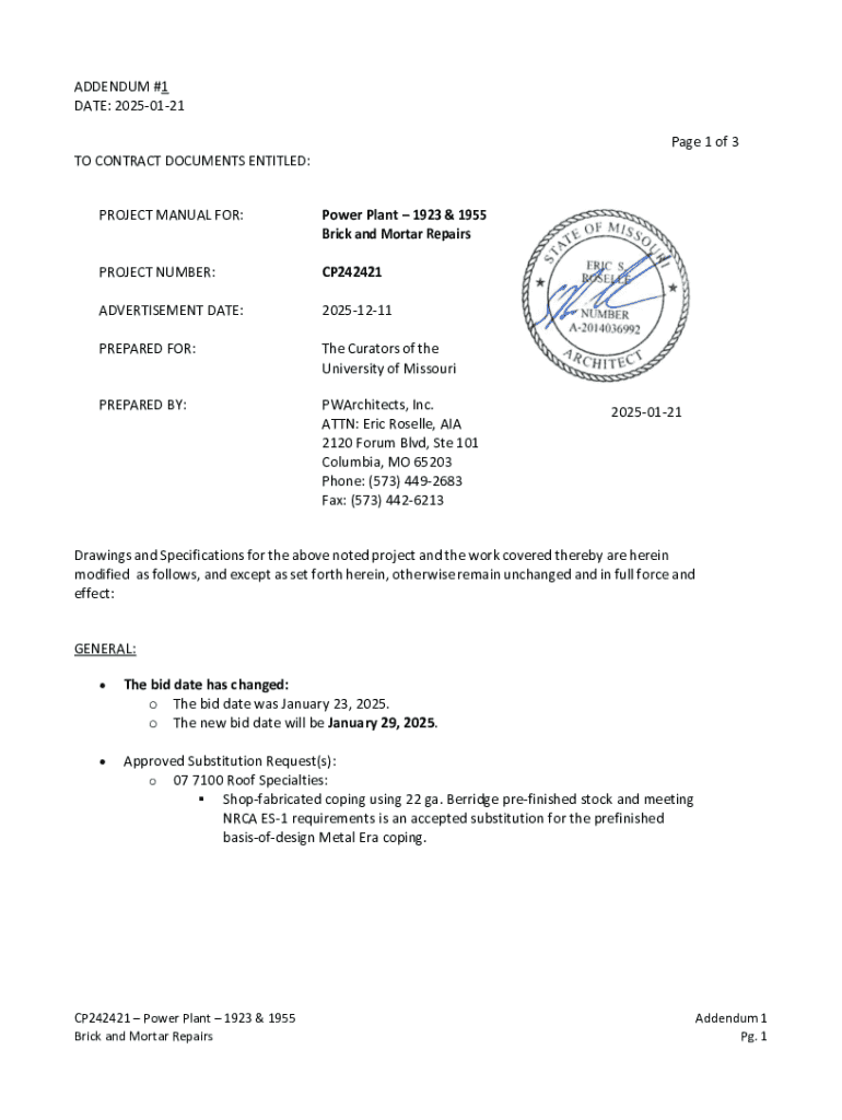 Fillable Online Addendum to Contract Documents for Power Plant – 1923 & 1955 Brick and Mortar ...