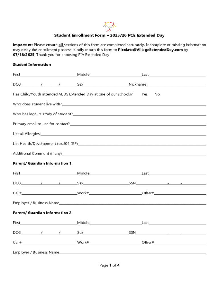 Fillable Online Student Enrollment Form – 2025/26 Pce Extended Day Fax Email Print - pdfFiller