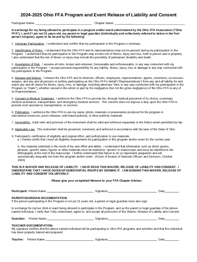 Ohio Ffa Program and Event Release of Liability and Consent Doc ...
