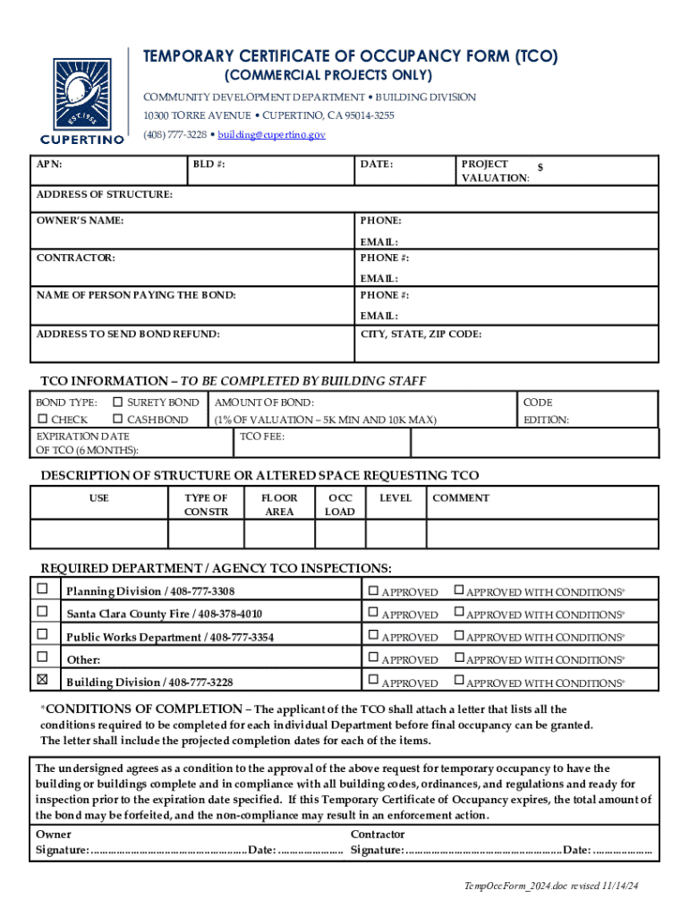 Fillable Online Temporary Certificate of Occupancy Form (tco) for Commercial Projects Fax Email ...