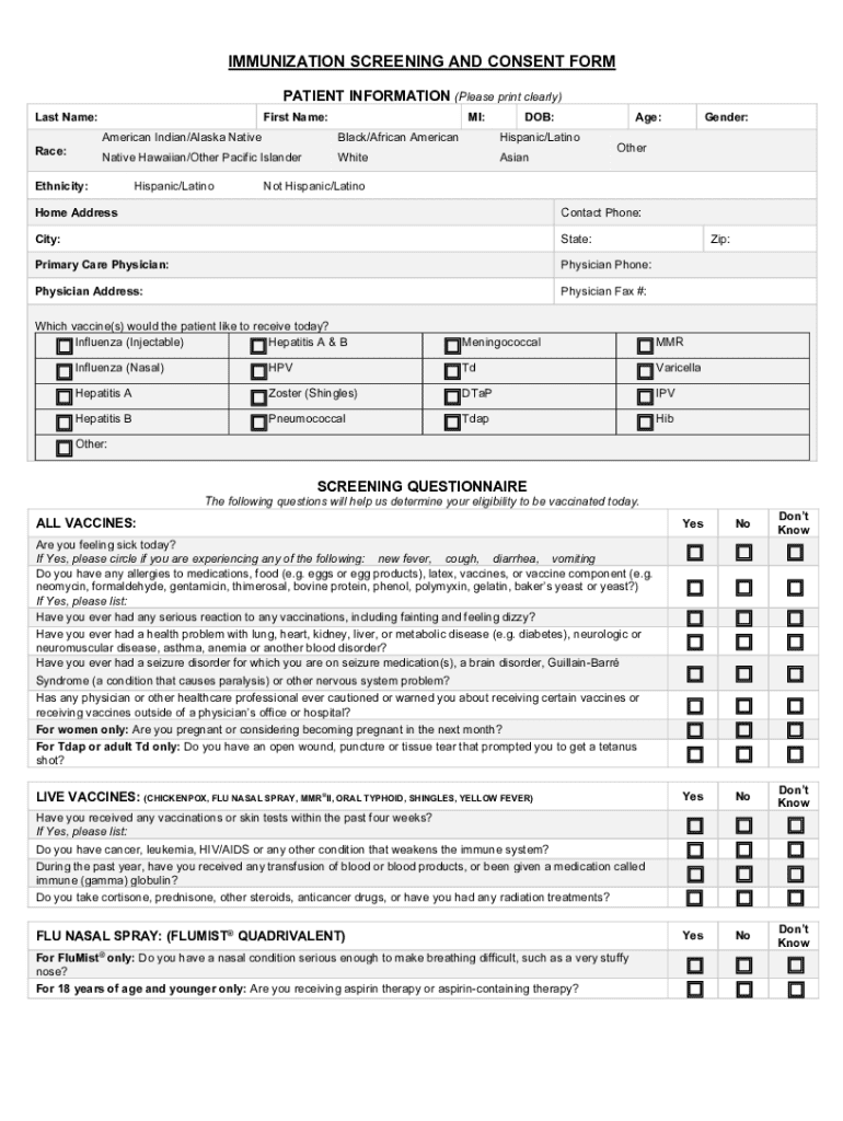 Fillable Online Immunization Screening and Consent Form Fax Email Print ...