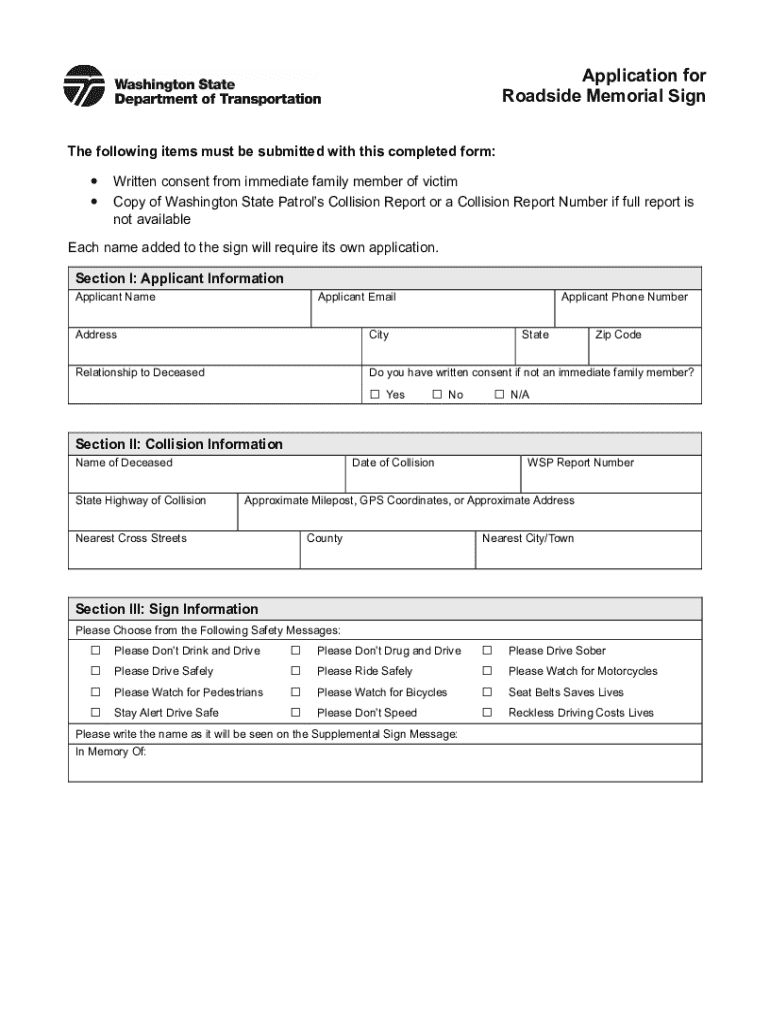 Fillable Online Application for Roadside Memorial Sign Fax Email Print ...