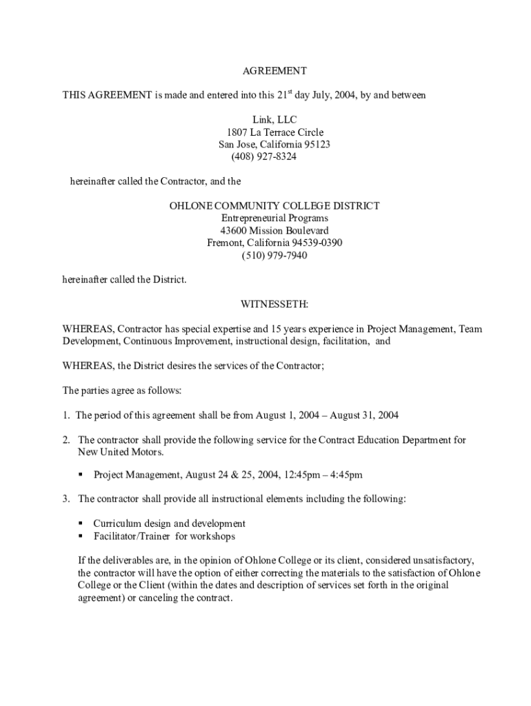 Fillable Online Contract Agreement Between Link, Llc and Ohlone Community College District Fax ...