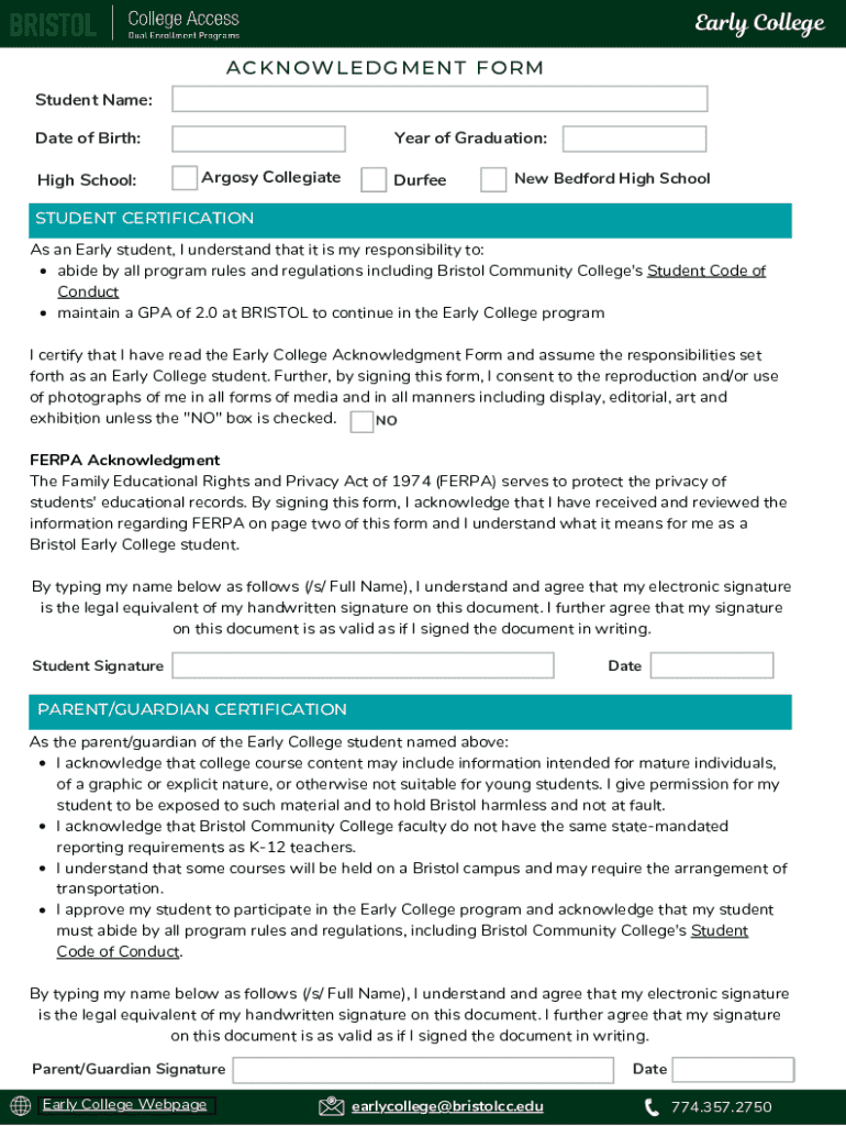 Fillable Online Early College Acknowledgment Form Fax Email Print - pdfFiller