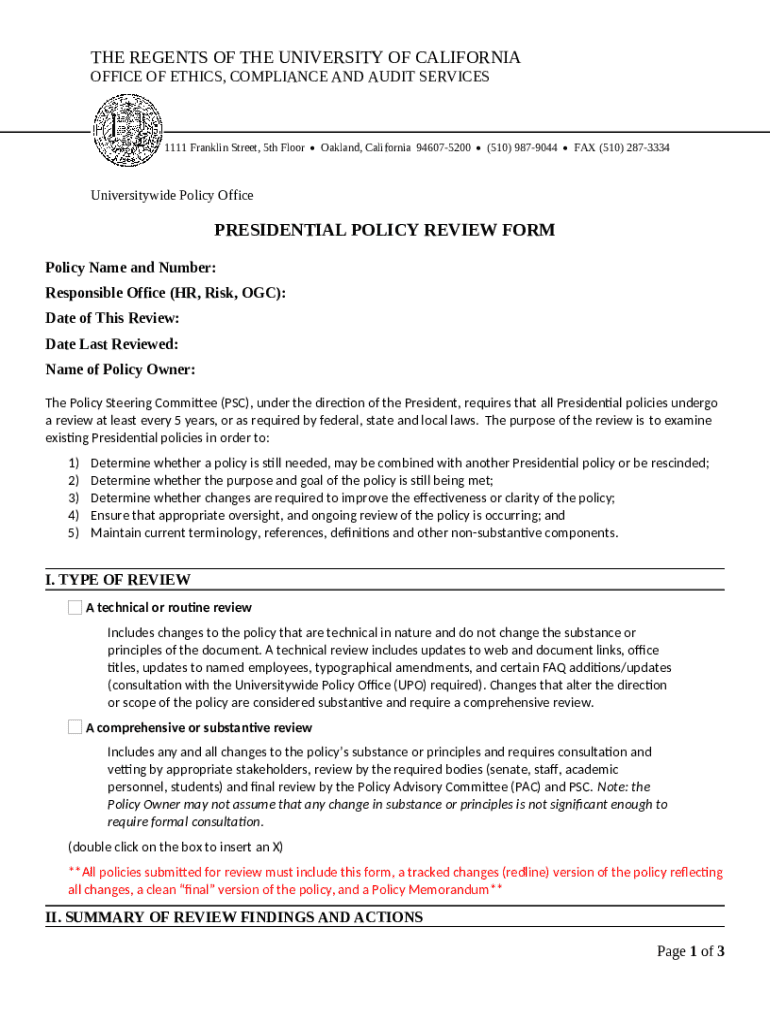 Presidential Policy Review Doc Template | pdfFiller