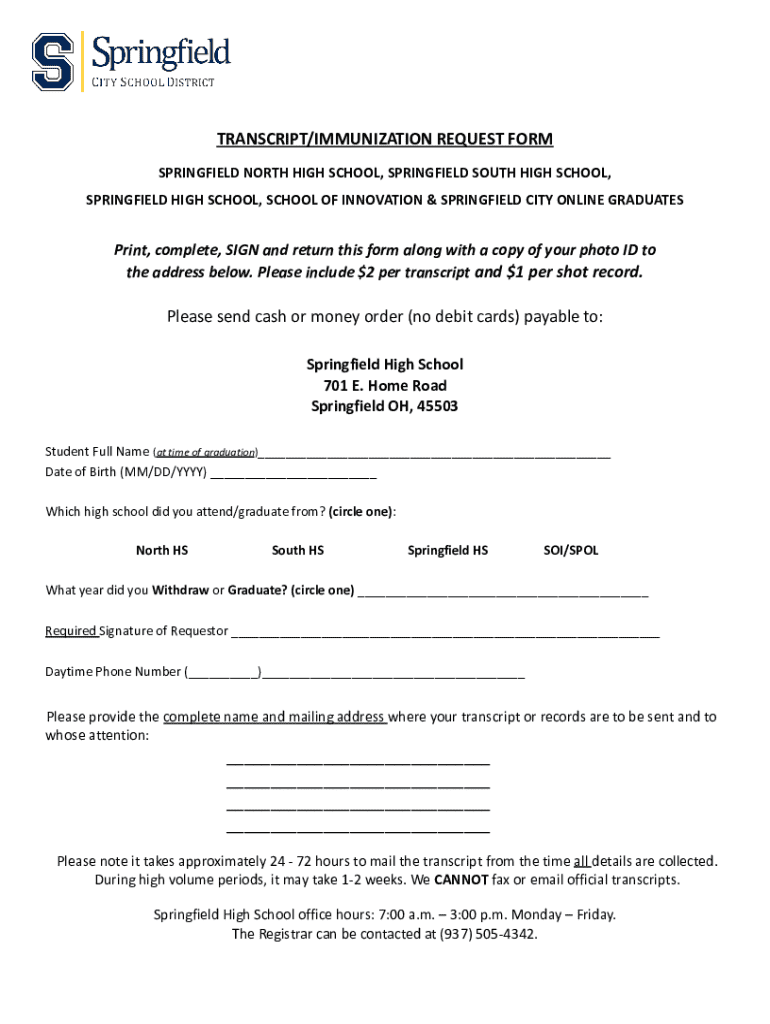 Fillable Online Transcript and Immunization Request Form Fax Email Print - pdfFiller