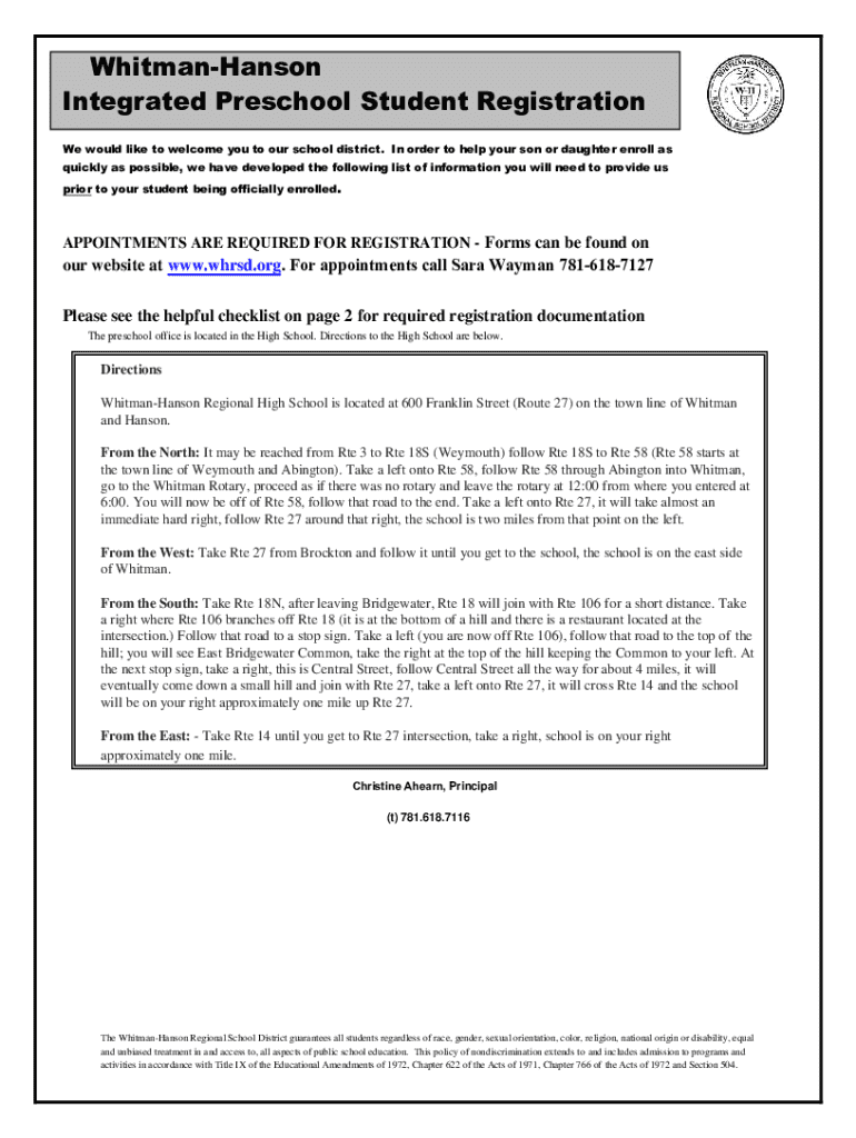 Fillable Online Whitman-hanson Integrated Preschool Registration Fax Email Print - pdfFiller