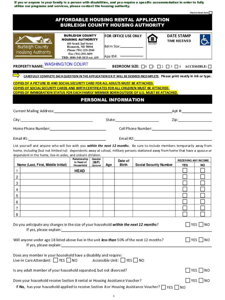 Fillable Online Affordable Housing Rental Application - Burleigh County Housing Authority Fax ...