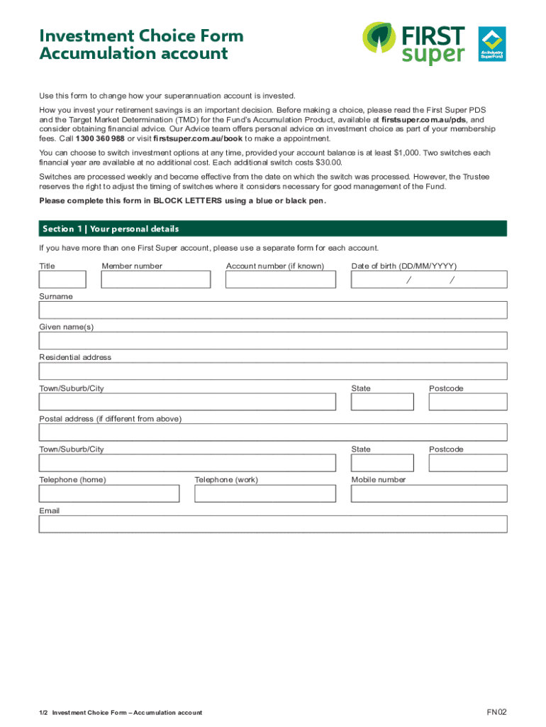 Fillable Online Investment Choice Form - Accumulation Account Fax Email ...