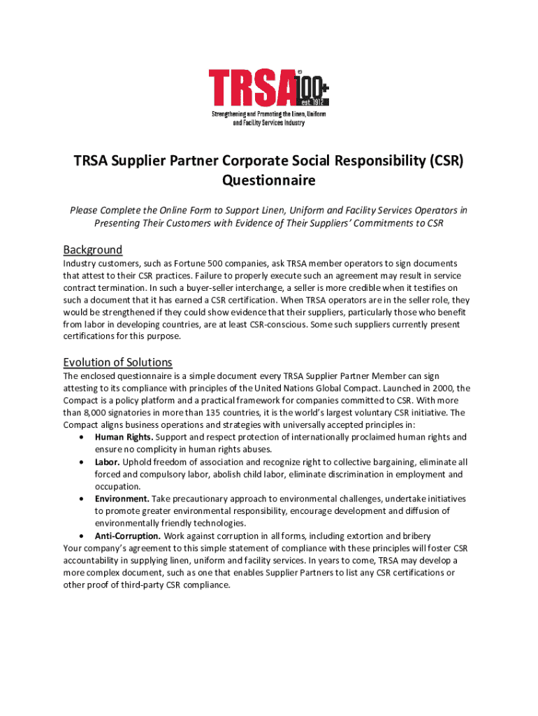 Fillable Online Trsa Supplier Partner Csr Questionnaire Fax Email Print ...