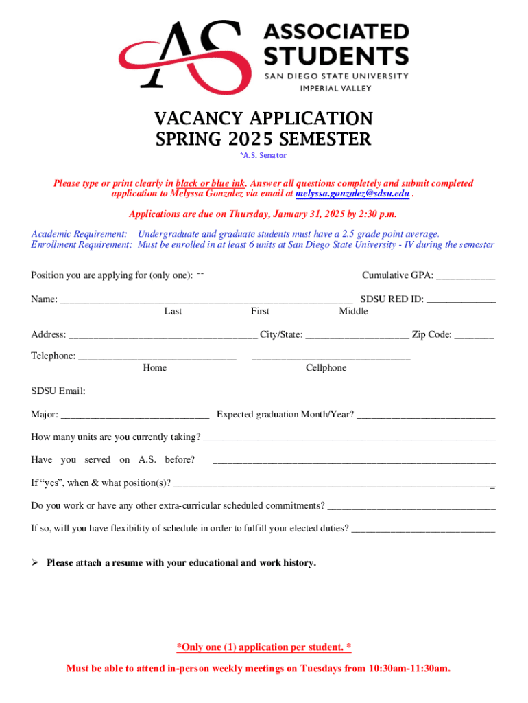 Fillable Online a.s. Senator Application for Spring 2025 Semester Fax ...