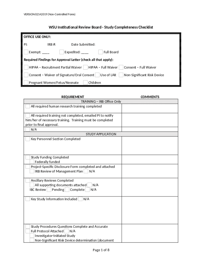 Wsu Institutional Review Board - Study Completeness Checklist Doc ...
