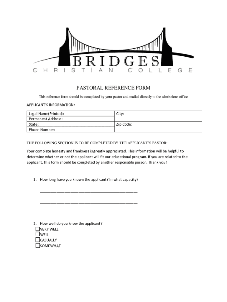Fillable Online Pastoral Reference for Admissions Fax Email Print - pdfFiller