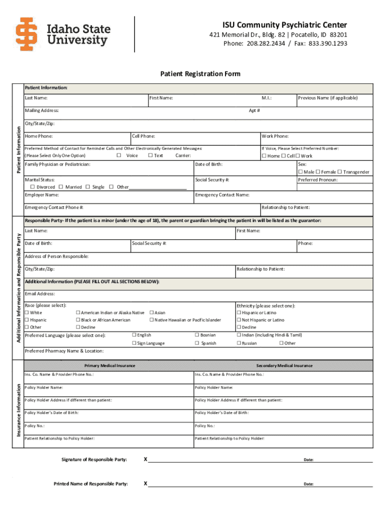 Fillable Online Isu Community Psychiatric Center Patient Registration Fax Email Print - pdfFiller