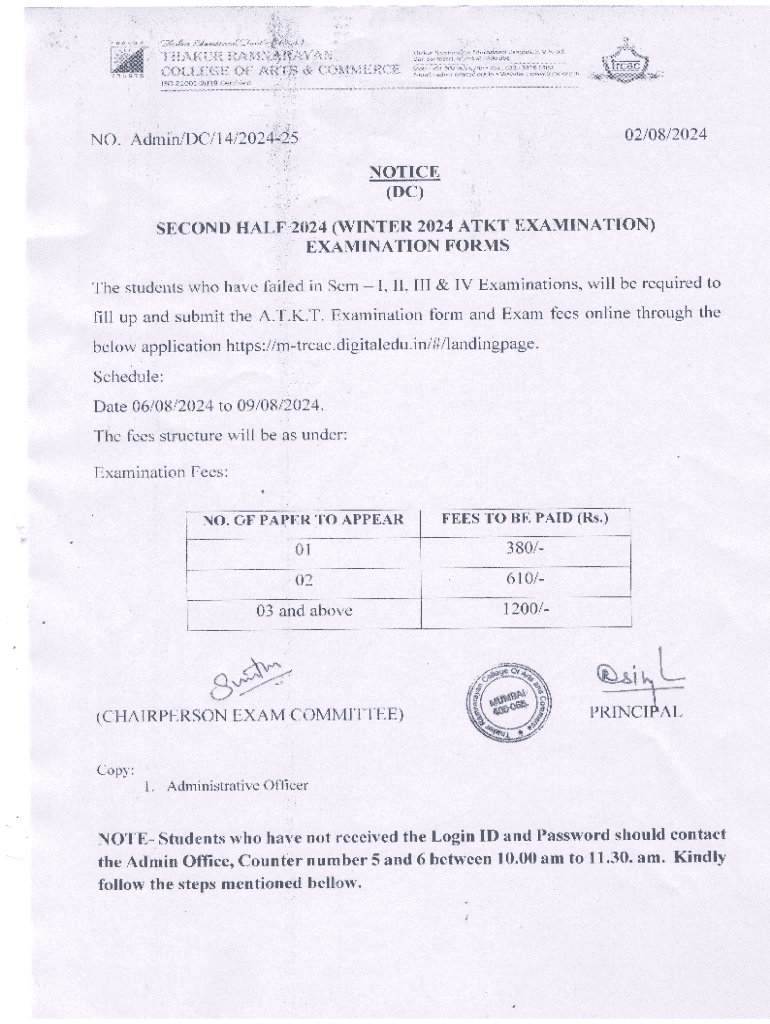 Fillable Online Atkt Examination Notice for Winter 2024 Fax Email Print - pdfFiller