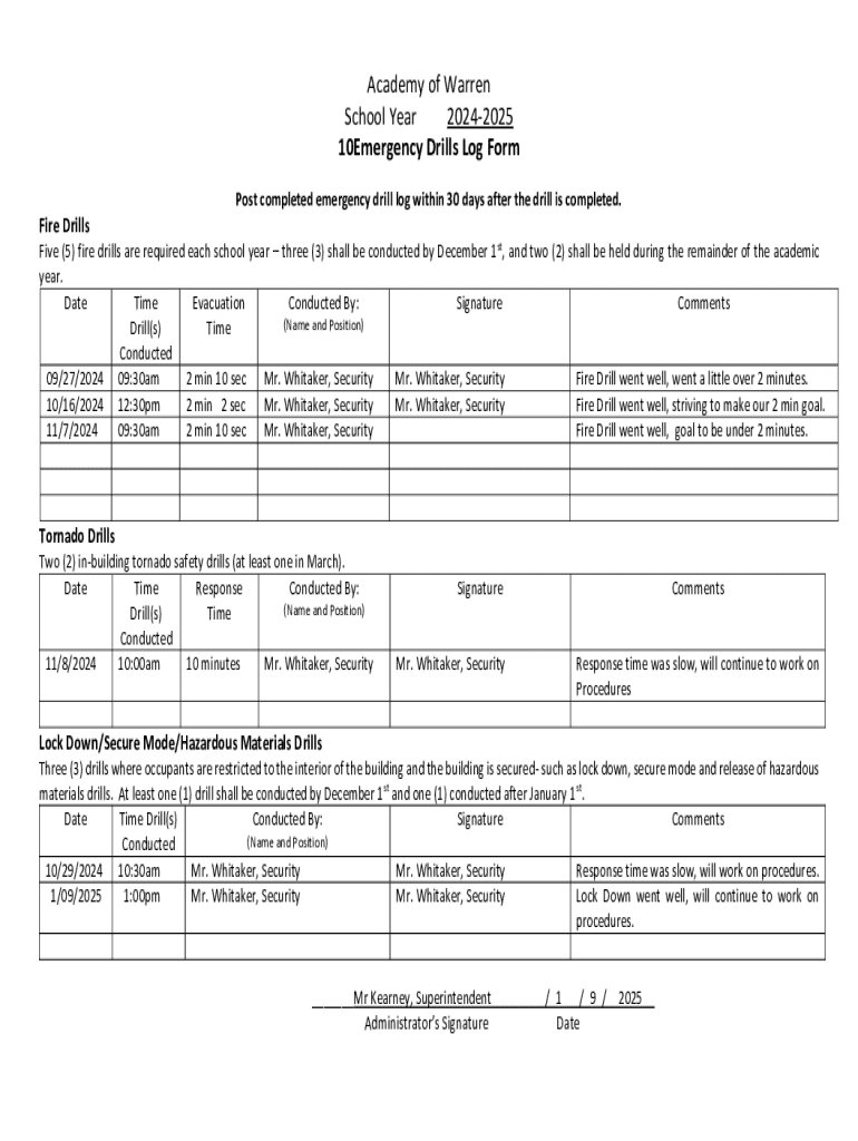 Fillable Online Academy of Warren Emergency Drills Log Fax Email Print ...