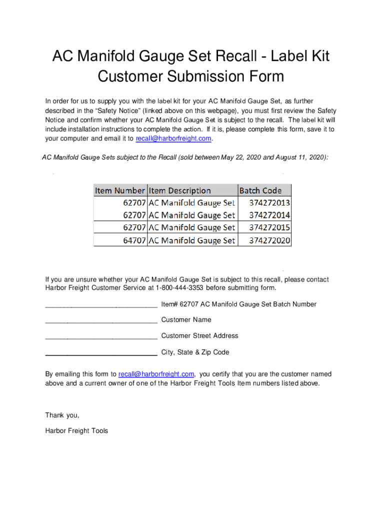 Fillable Online Ac Manifold Gauge Set Recall - Label Kit Fax Email ...