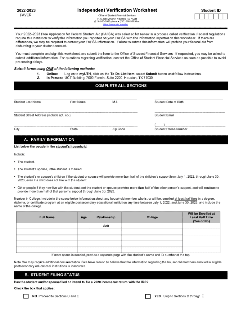 Fillable Online 2022-2023 Independent Verification Worksheet Fax Email Print - pdfFiller