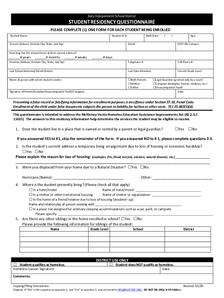 Fillable Online Katy Independent School District Student Residency ...