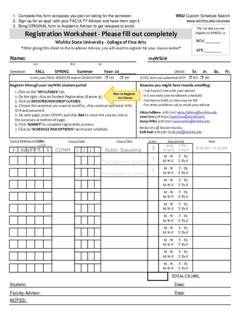 Fillable Online Wichita State University Registration Worksheet Fax Email Print - pdfFiller