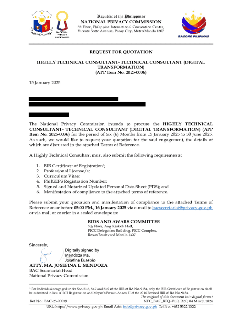 Fillable Online Request for Quotation for Highly Technical Consultant ...